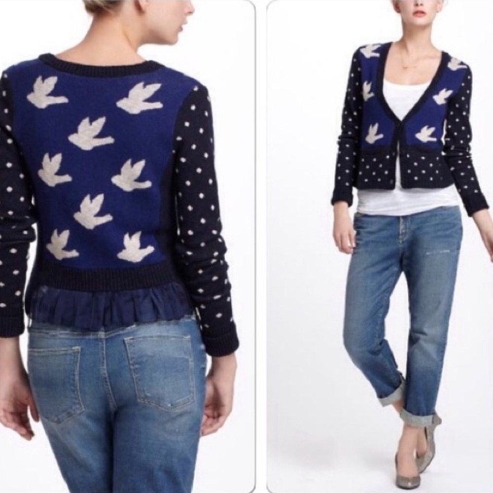 Anthro Leifnotes Ruffled Flight Bird Cardigan - Gem